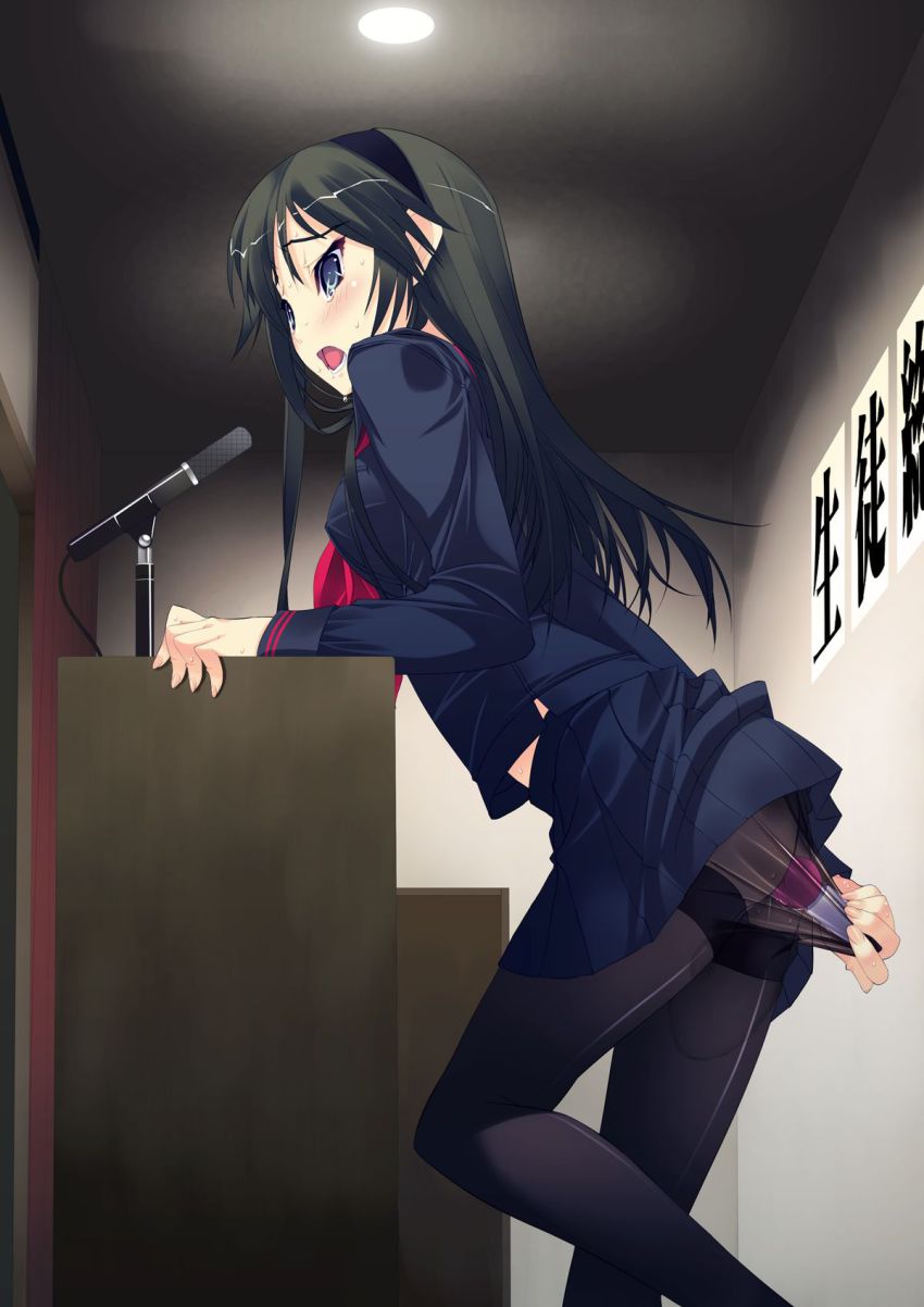 1girl Ass Black Hair Black Legwear Blue Eyes Blush Dildo Dildo Under Panties Discreet Vibrator