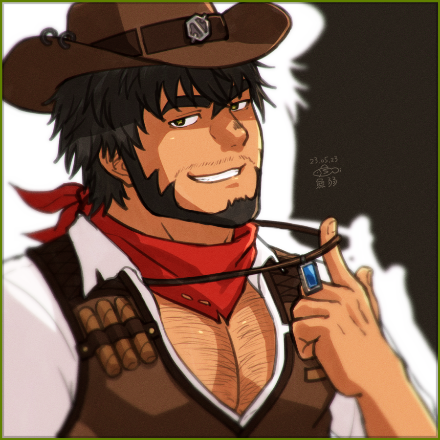 yowaifish, crave saga, 1boy, bara, beard, black hair, brown vest, chest hair, collared shirt ...
