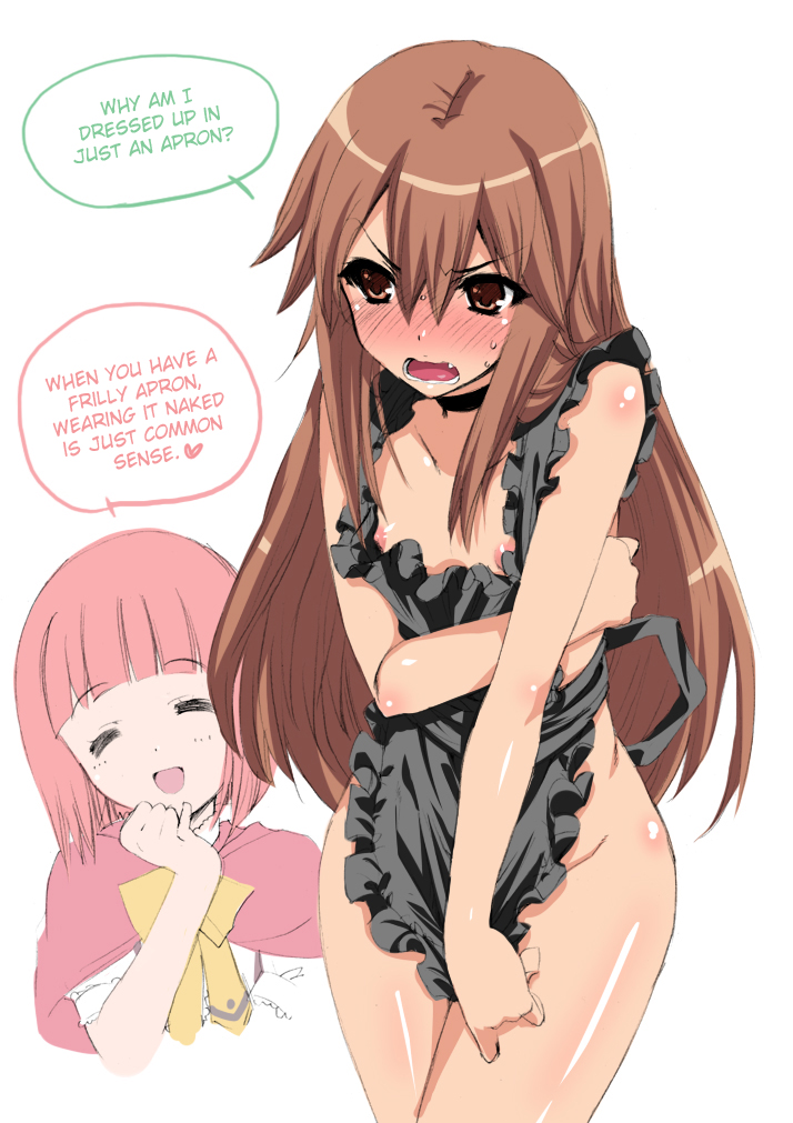 10s 2girls D Akai Ringo Apron Areola Slip Areolae Blush Breasts Brown Hair Covering Eyes Closed