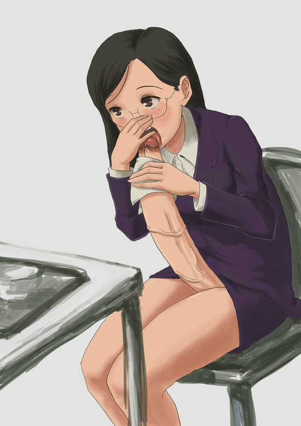 1girl Autofellatio Bangs Black Hair Borusen Business Suit Fellatio Futanari Glasses Huge Penis