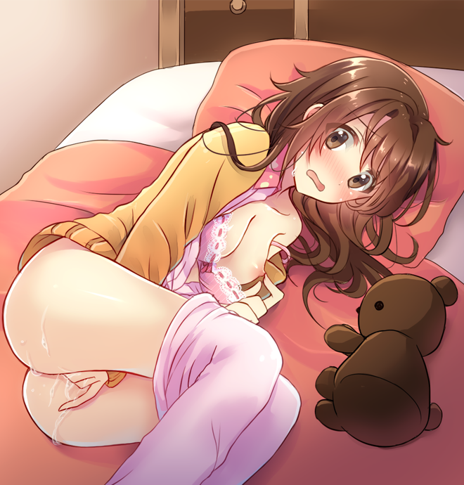 10s 1girl Between Legs Blush Bottomless Bow Bow Bra Bra Bra Pull Breasts Brown Eyes Brown Hair