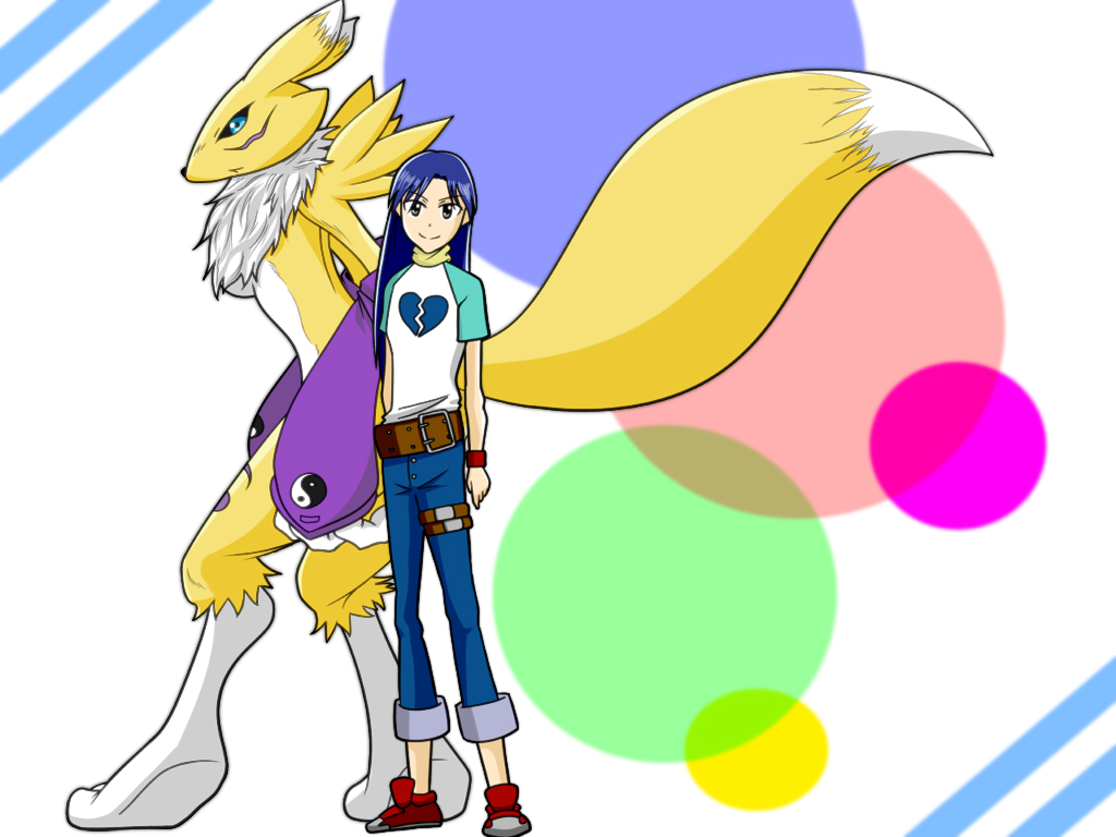 makino ruki, renamon, digimon, idolmaster, belt, black sclera, blue ...