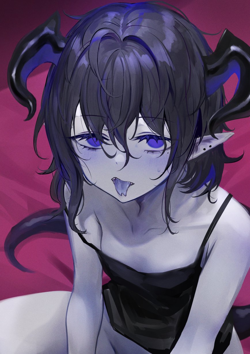 Kai Esugi Original Commentary Highres 1girl Black Camisole Black Hair Blue Tongue