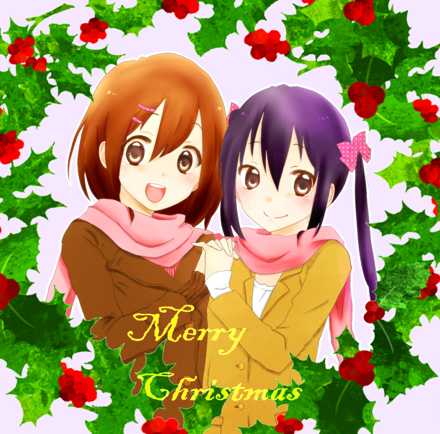 Hirasawa Yui Nakano Azusa K On 2girls Black Hair Blush Brown Eyes Brown Hair Christmas 