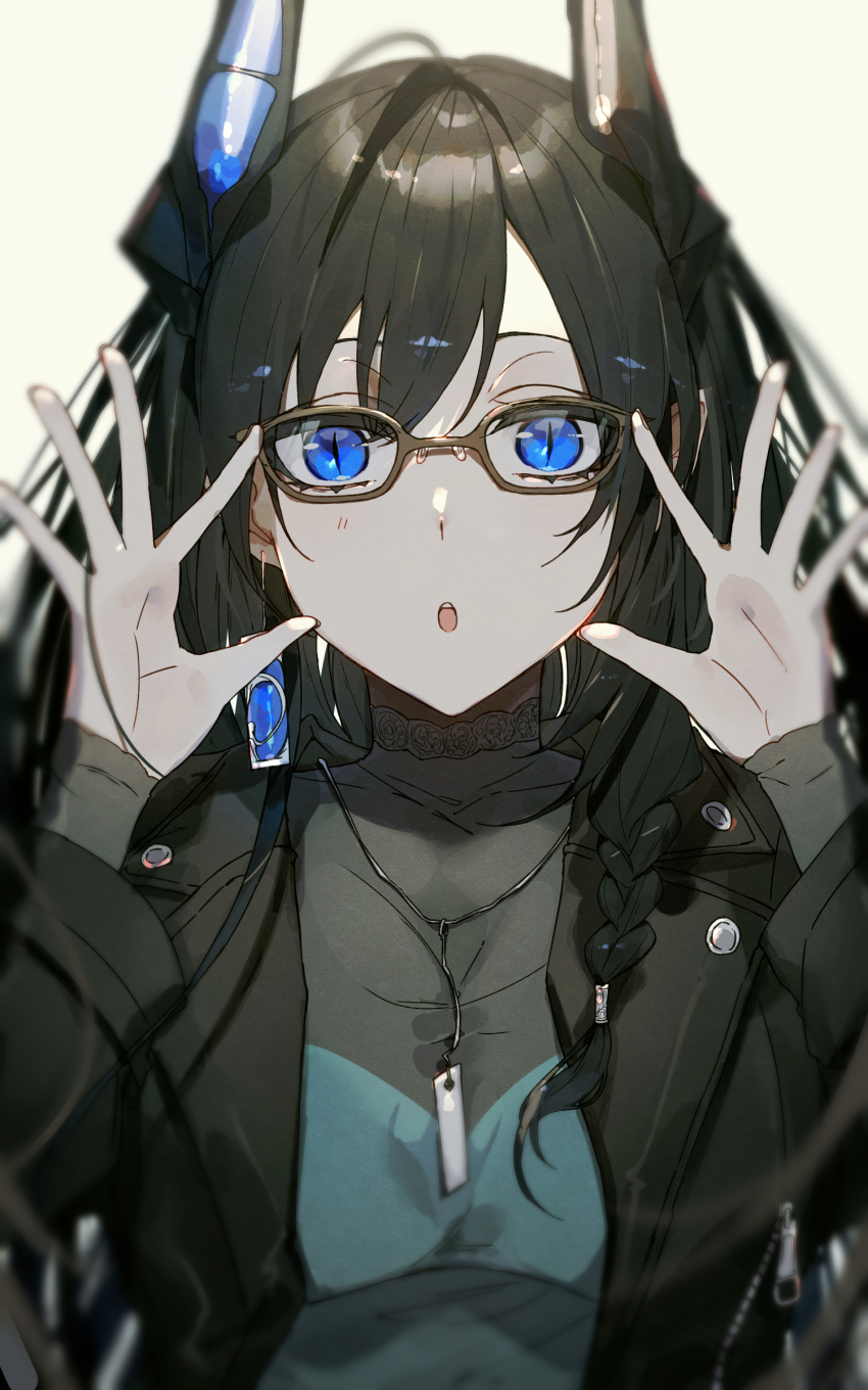 Original Absurdres Highres 1girl 9750isz Adjusting Eyewear Black Hair Black Jacket Blue 