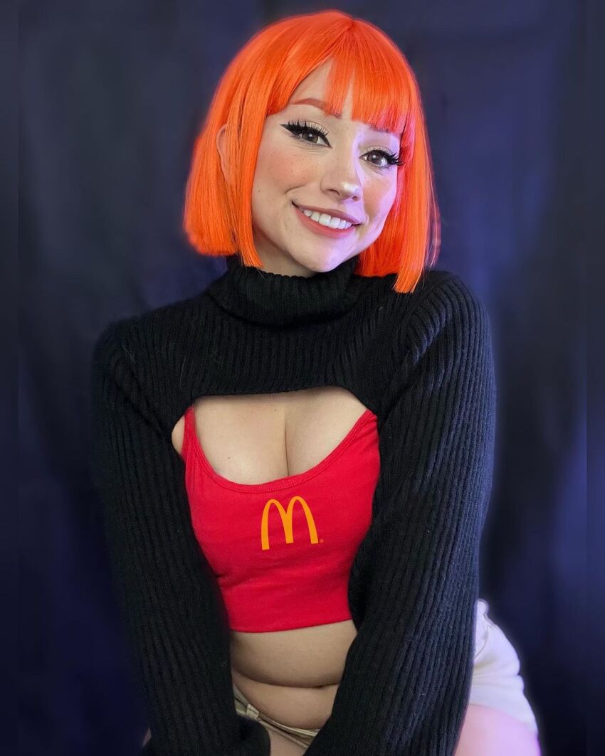 Taliverse Mcdonalds Mom Mcdonalds 1girl Black Background Breasts Brown Eyes Cleavage