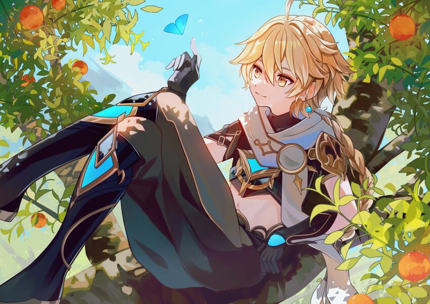 aomiya souju, aether (genshin impact), genshin impact, absurdres, highres, 1boy, ahoge, arm ...