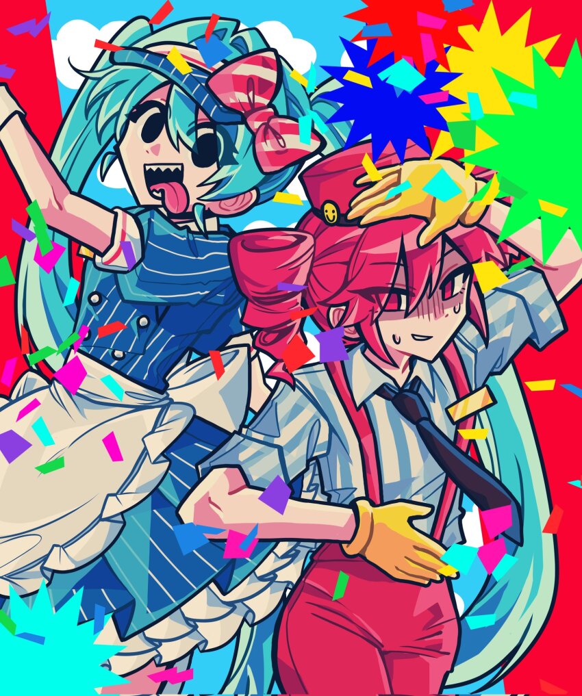 Hatsune Miku Kasane Teto Mesmerizer Vocaloid Utau Vocaloid Highres 2girls Arm Up Black