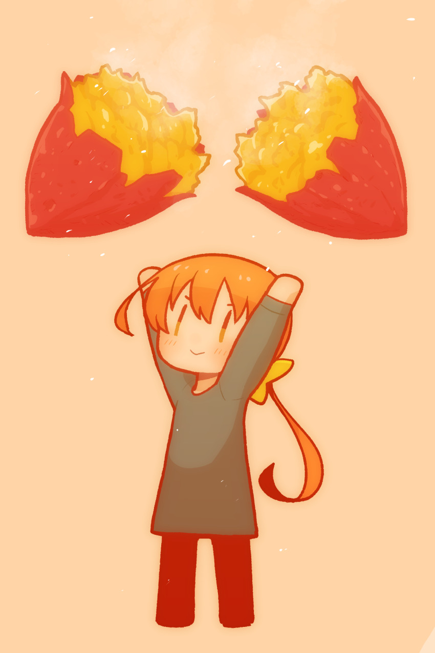 Original Highres 1girl O Arms Up Bow Closed Mouth Deformed Dress Food Grey Dress