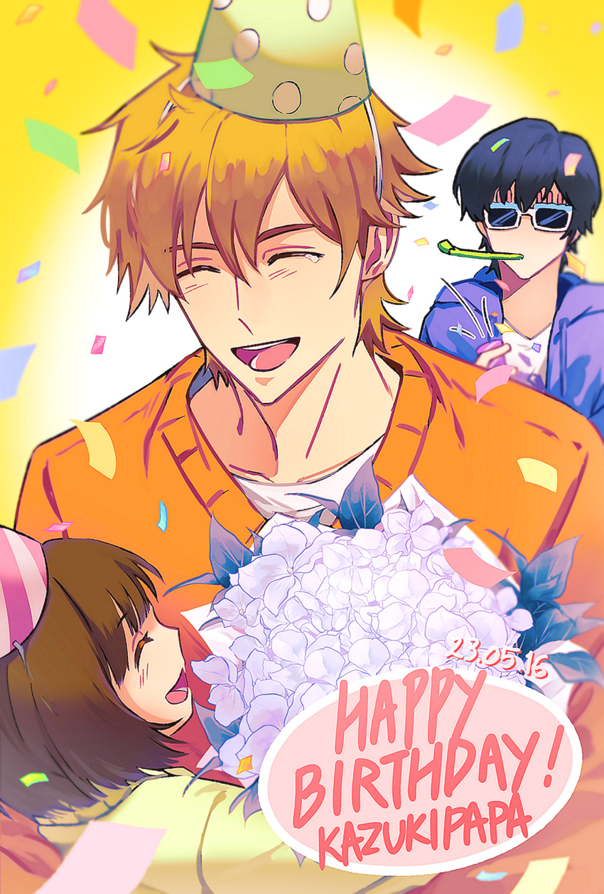 kurusu kazuki, suwa rei, unasaka miri, buddy daddies, highres, 1girl, 2boys, black hair, blue ...