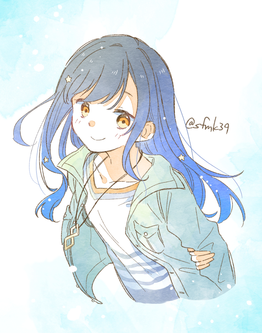 sa-fu (sfmk39), shiraishi an, project sekai, highres, 1girl, arm behind back, black hair, blue ...