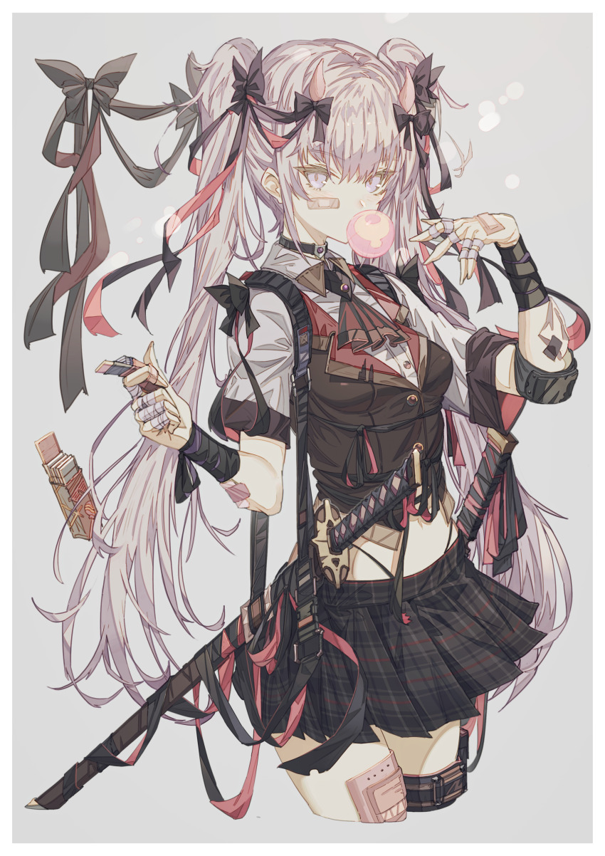 hxxg, original, absurdres, commentary, highres, mixed-language commentary, 1girl, arm ribbon ...