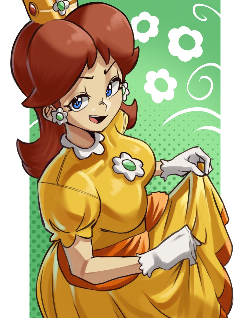 Moxydraws Princess Daisy Mario Series Nintendo 1girl Blue Eyes Brooch Brown Hair