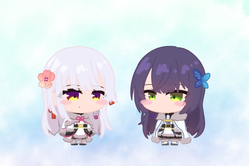 funada kiito, funada ui, assault lily, commentary, 2girls, arms at ...