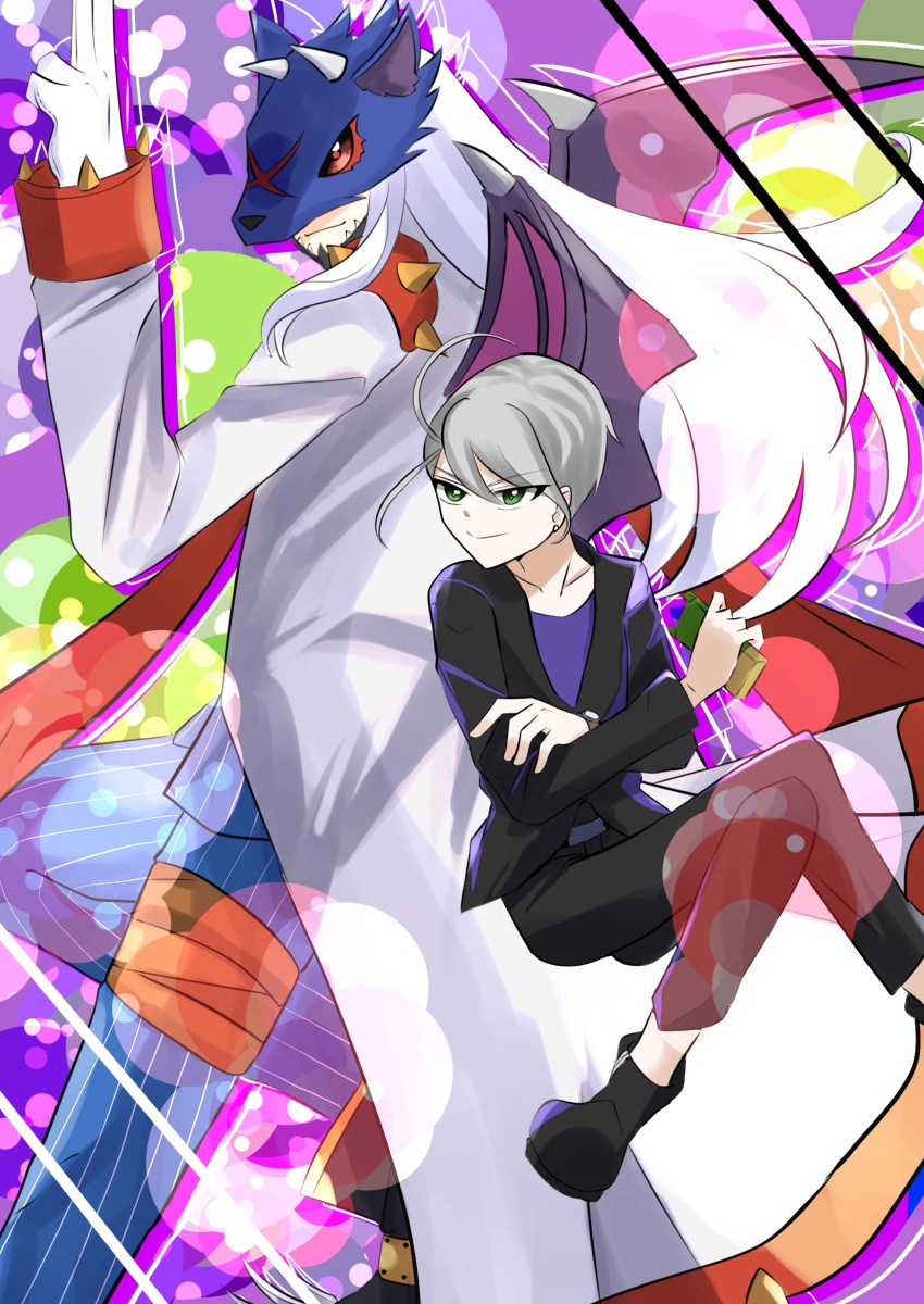 astamon, mogami ryouma, digimon, 2boys, green eyes, gun, horns, mask, multiple boys, smile ...