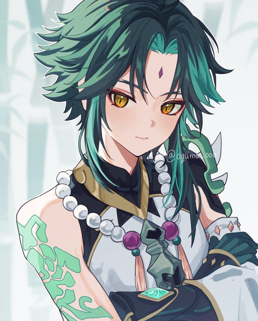 xiao (genshin impact), genshin impact, highres, 1boy, aqua gemstone ...