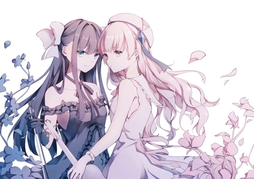 yukkering (yukke), hikari (arcaea), tairitsu (arcaea), arcaea, highres, 2girls, bare shoulders ...