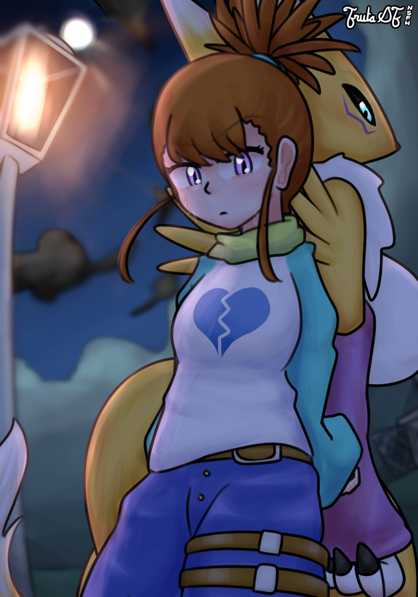 Makino Ruki Renamon Digimon Belt Black Sclera Blue Eyes Broken Heart Brown Hair Colored