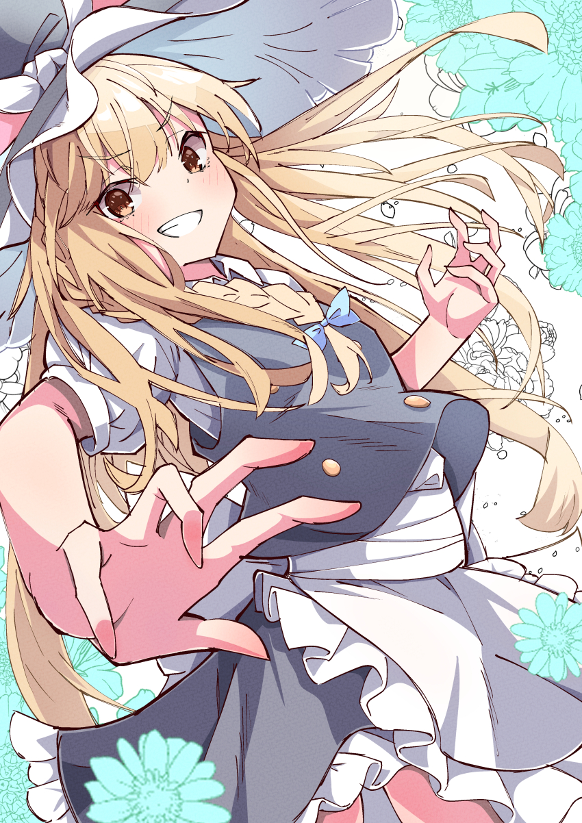 kirisame marisa, touhou, absurdres, highres, 1girl, apron, aqua flower, back bow, black hat ...