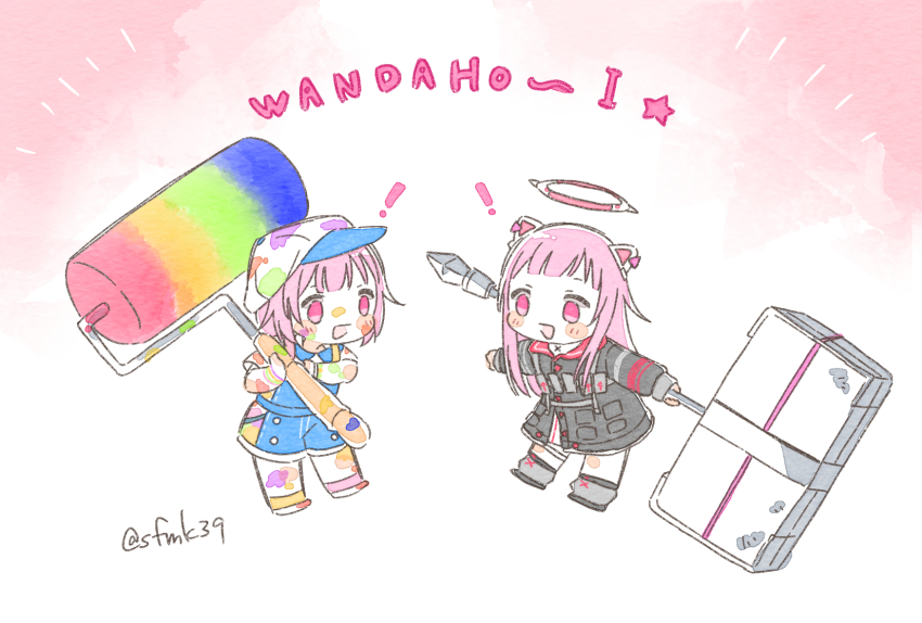 sa-fu (sfmk39), ootori emu, project sekai, commentary, highres, object request, !, 2girls, :d ...