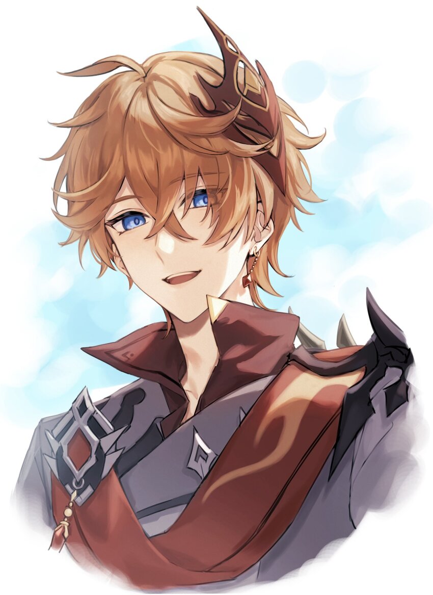 tartaglia (genshin impact), genshin impact, highres, 1boy, :d, ahoge, blue eyes, brown hair ...